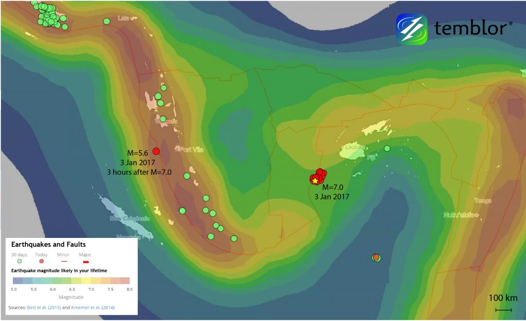 M=7.0 earthquake off of Fiji might have triggered a M=5.6 aftershock ...