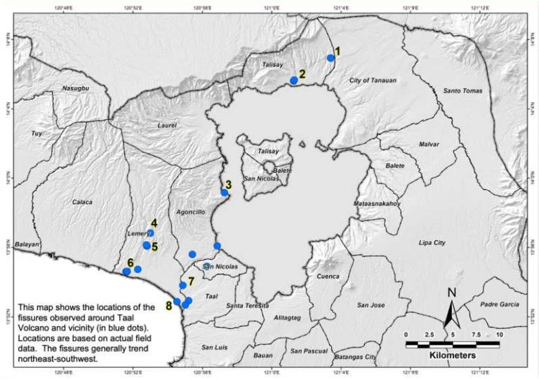 Map of fissure locations around Taal Volcano, as documented by PHIVOLCS ...