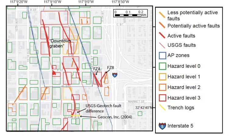 This map of downtown San Diego, Calif., shows fault locations as mapped ...