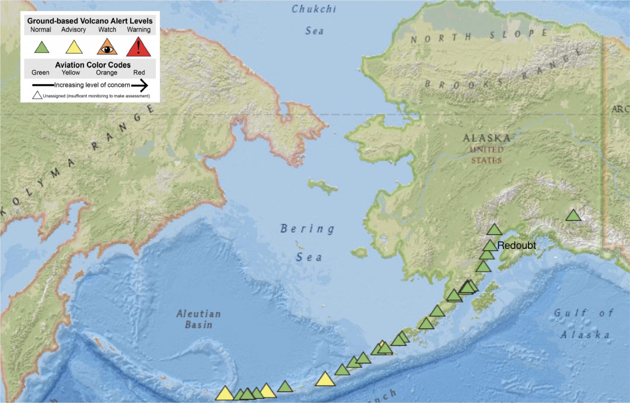 The Alaska Volcano Observatory issues volcano alerts via a color-coded ...