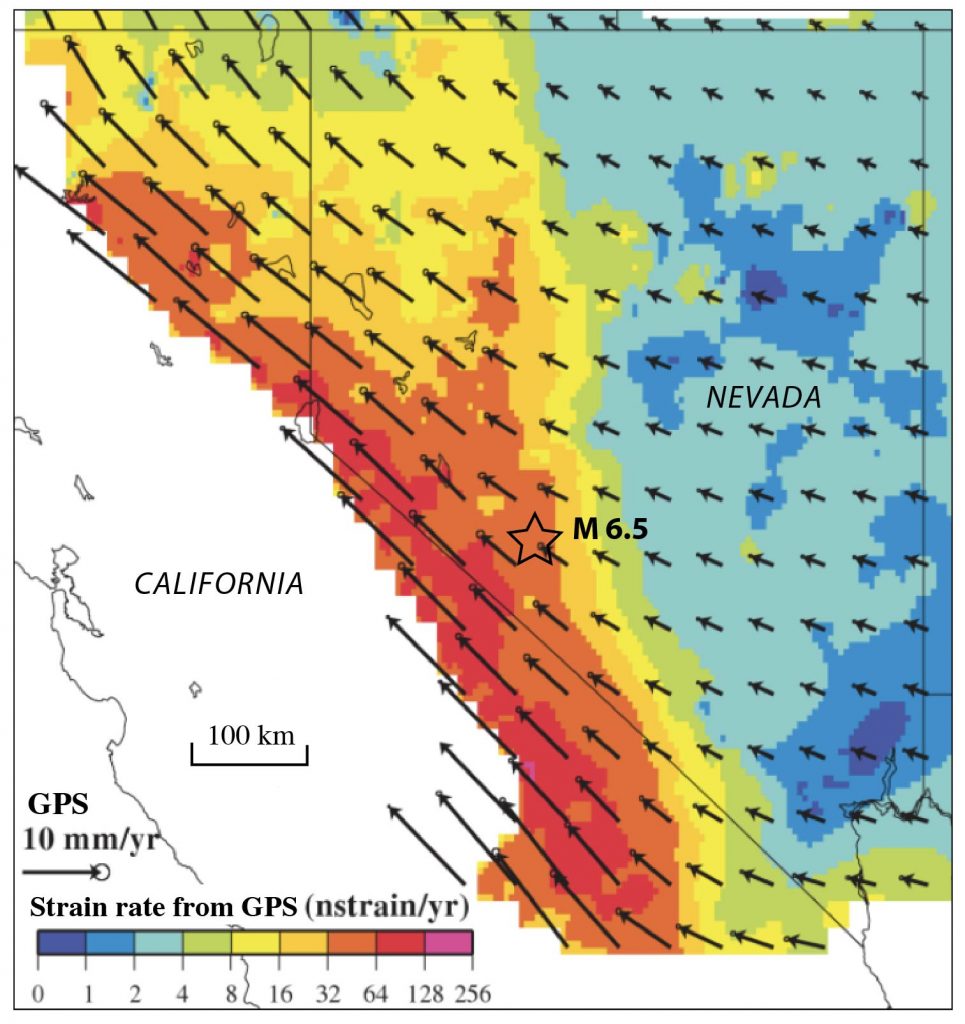 In a strain rate map calculated from GPS velocities, the site of the ...