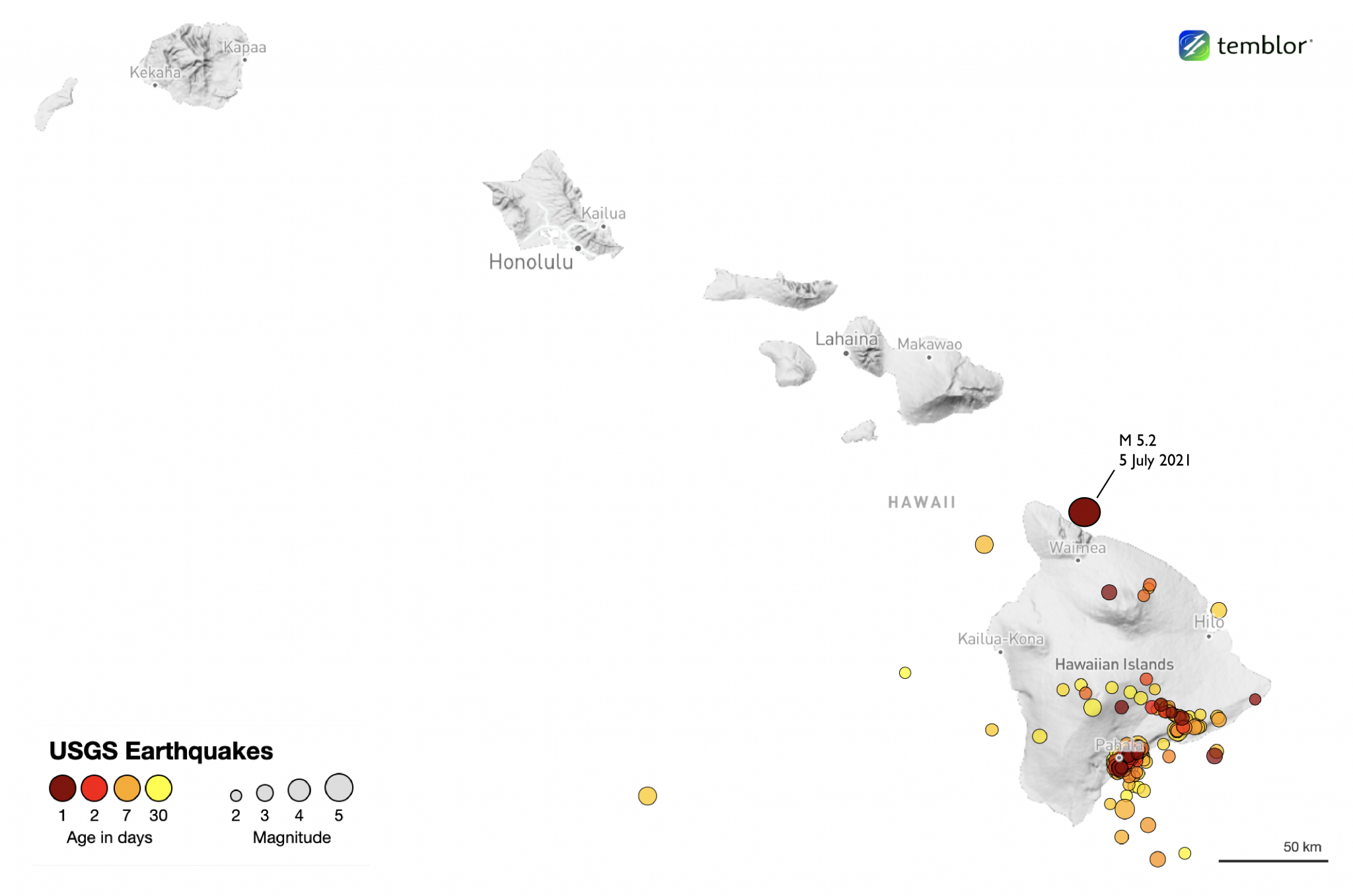 Map of the Hawaiian islands showing the location of the magnitude-5.2 ...